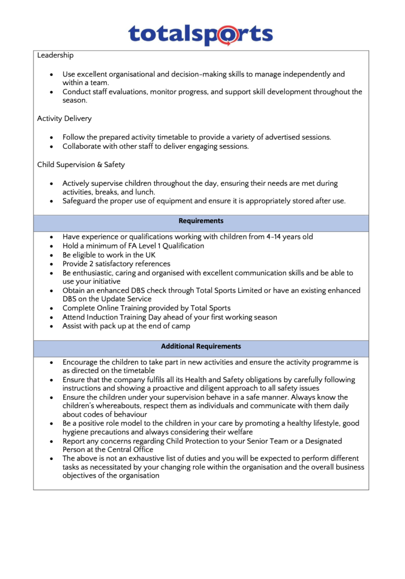 Football Coach Job Description - Total Sports Limited